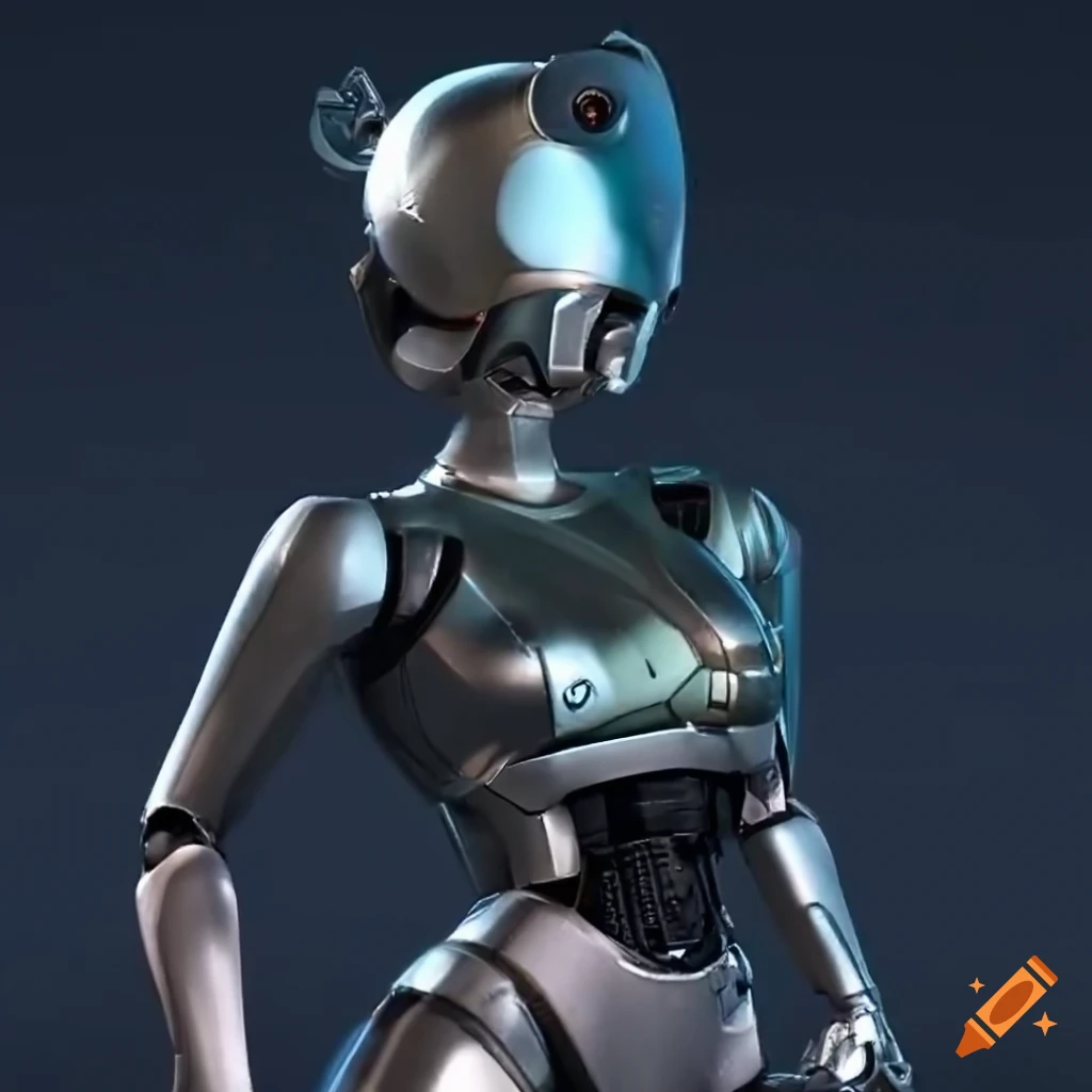 Glamour shot of an android with complex mechanical parts visible inside her face on Craiyon