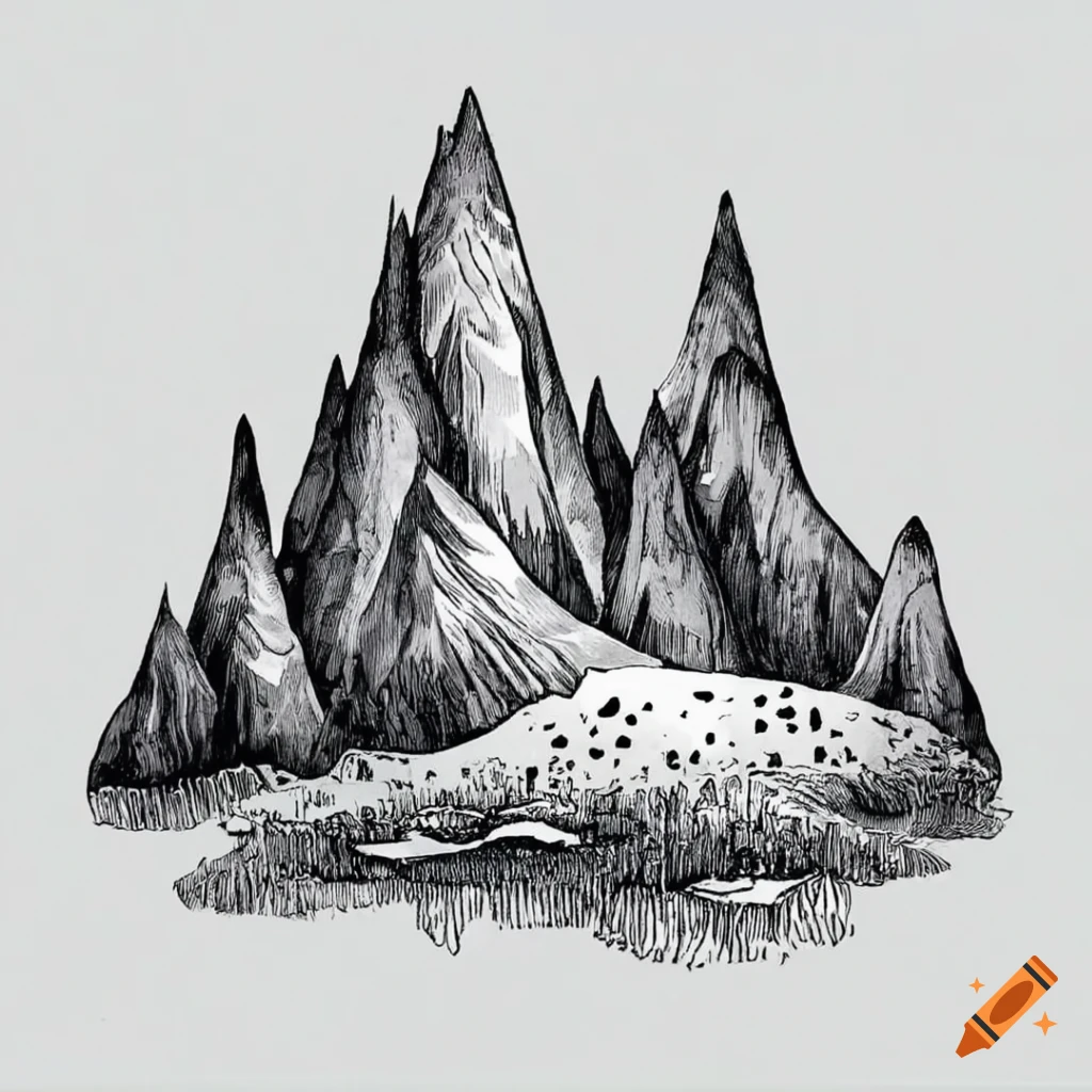 Peaceful mountain lair in an engraving style drawing on Craiyon