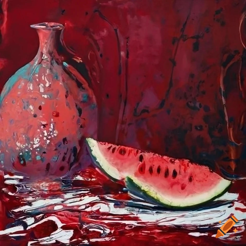 Still life with watermelon in captivating abstract splatter painting on ...