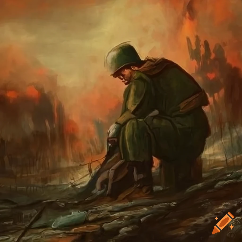Drawing of a soldier named Ivan amidst a war-torn landscape on Craiyon