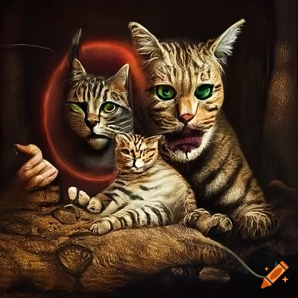 Artistic nightmare scene with twirling cats and wild animals in a ...