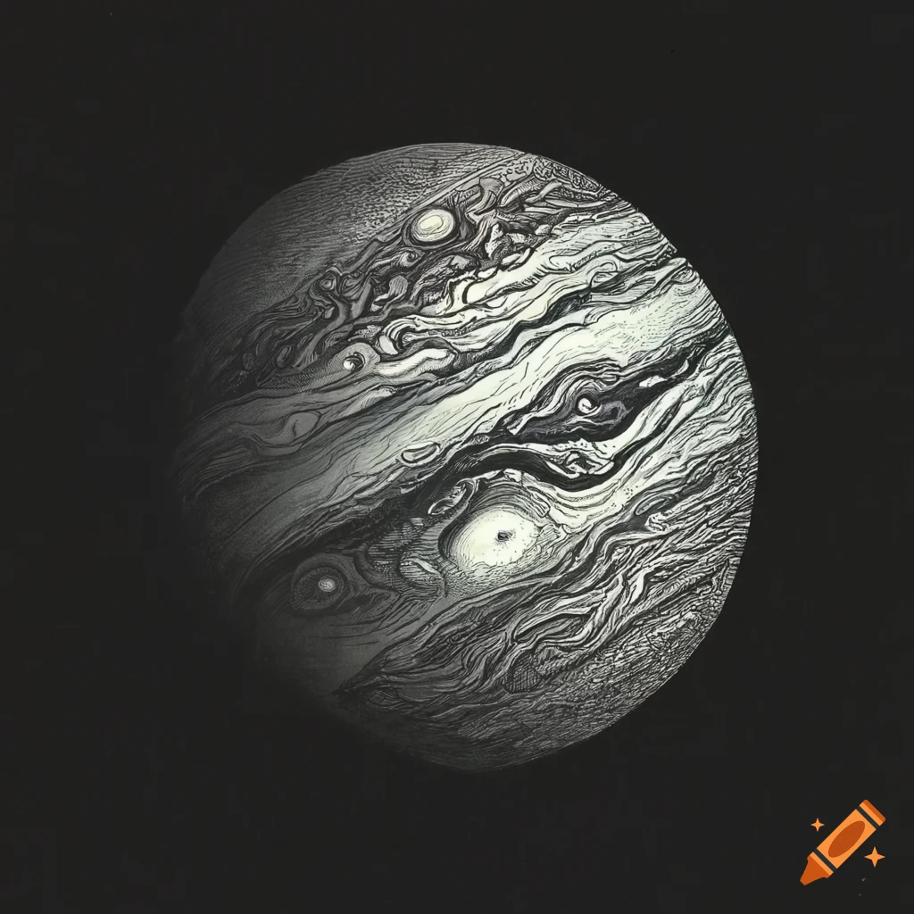 Black and white etching of Jupiter on Craiyon
