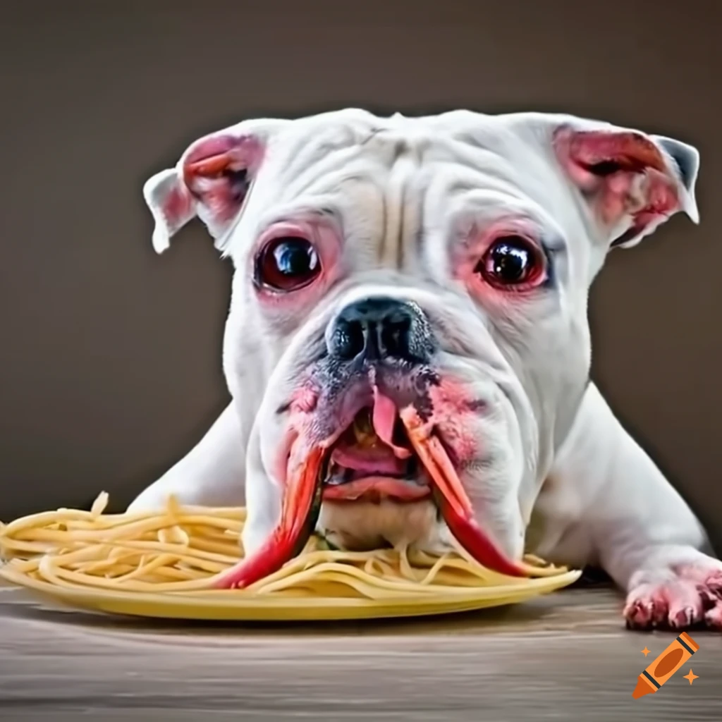 Creative art of a white american bulldog with shrimp eyes and spaghetti ...