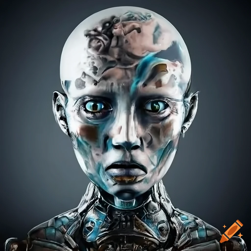 Hyper realistic humanoid robot with encoded secrets in painted tattoos on Craiyon