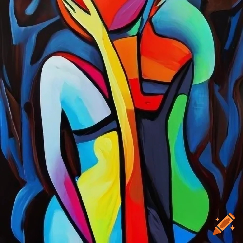 Abstract knife painting of embracing figures in cubism, expressionism ...