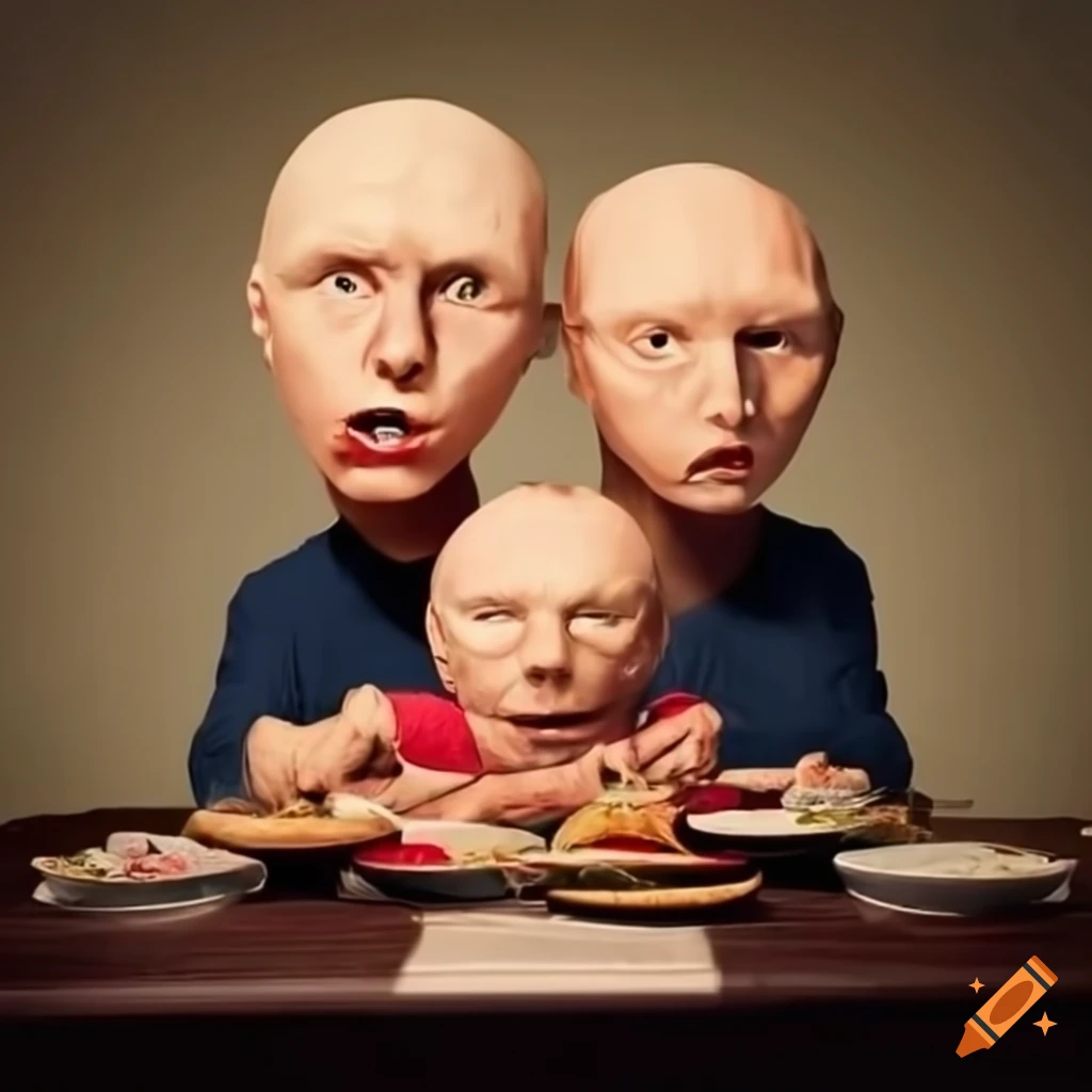 Cartoonish characters with oversized heads at a dinner table on Craiyon