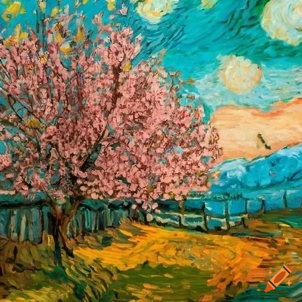 Colorful blossoming almond tree in backyard inspired by van gogh on Craiyon