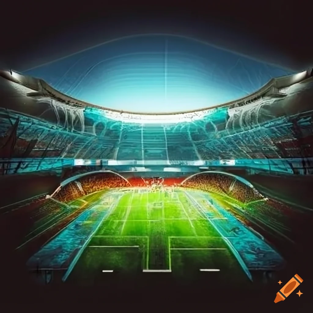 Stadium with football field flooded by water, illustrating water ...