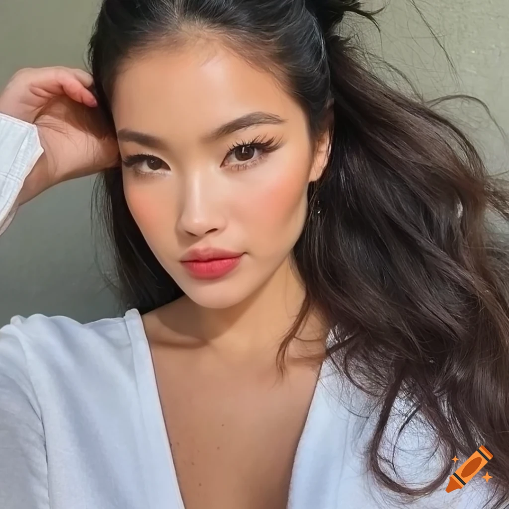 Young woman with heart-shaped face and messy bun hairstyle on Craiyon