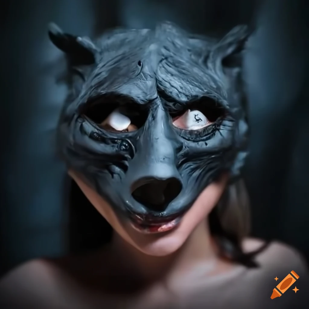 Woman wearing a scary black wolf mask in dim light on Craiyon