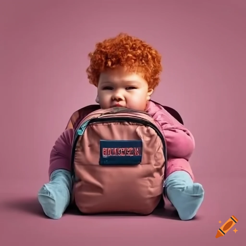 Chubby kid sitting inside a backpack on Craiyon