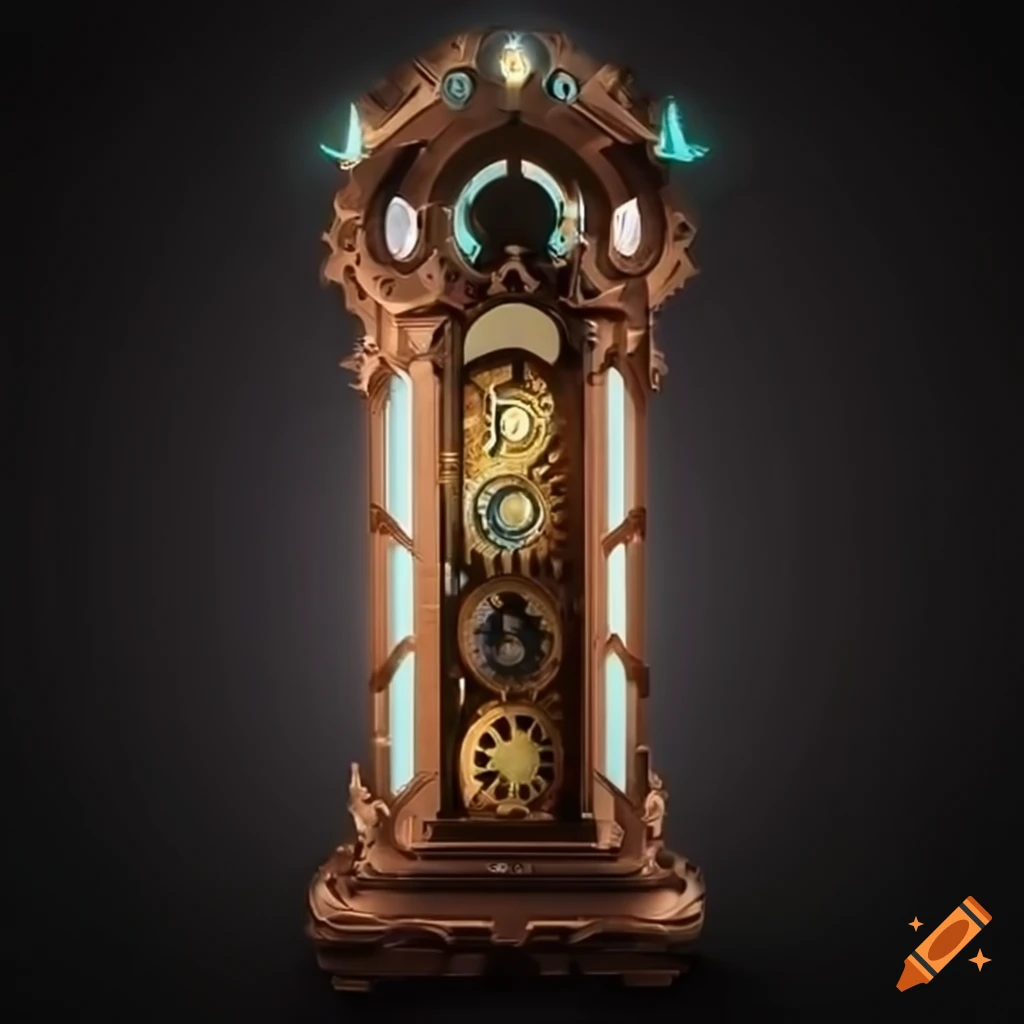 Futuristic grandfather clock with glowing gears and advanced technology ...