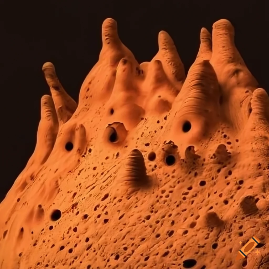 Detailed image of a termite hill with uv-lit holes on Craiyon