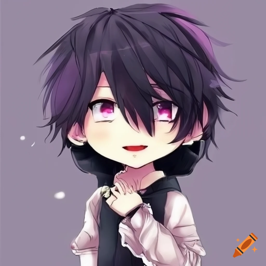 Cute happy chibi anime dark-haired emo boy on Craiyon