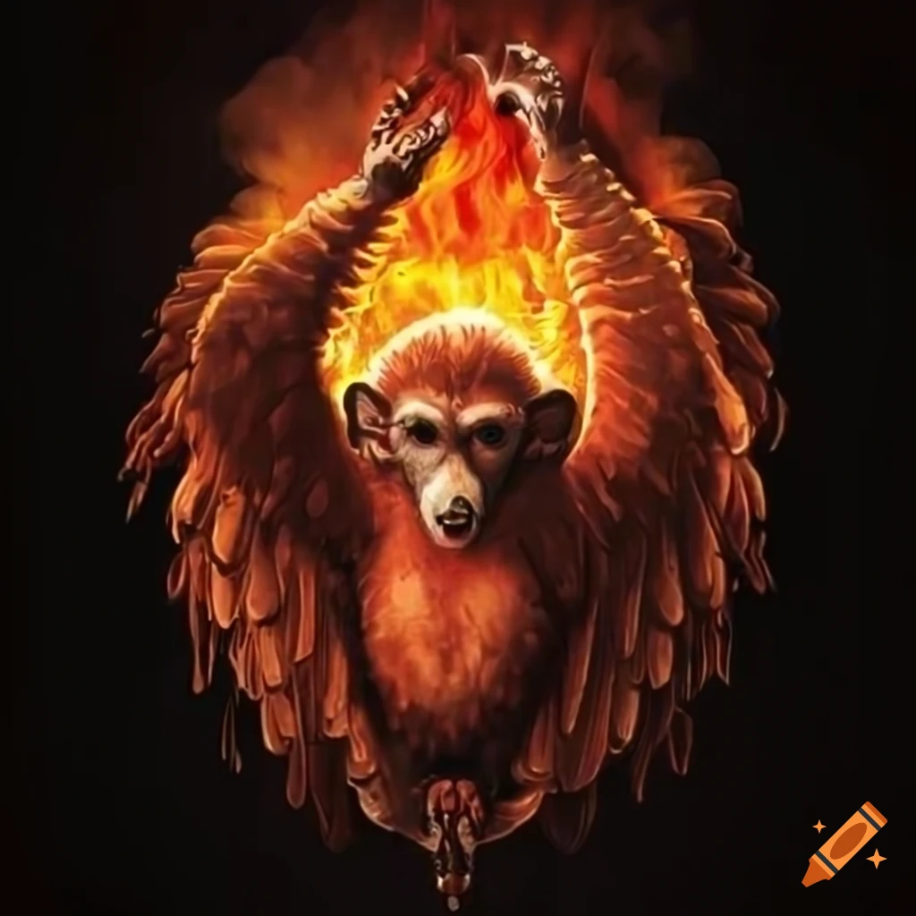 Coat of arms with fiery wings, monkey, and fox on Craiyon