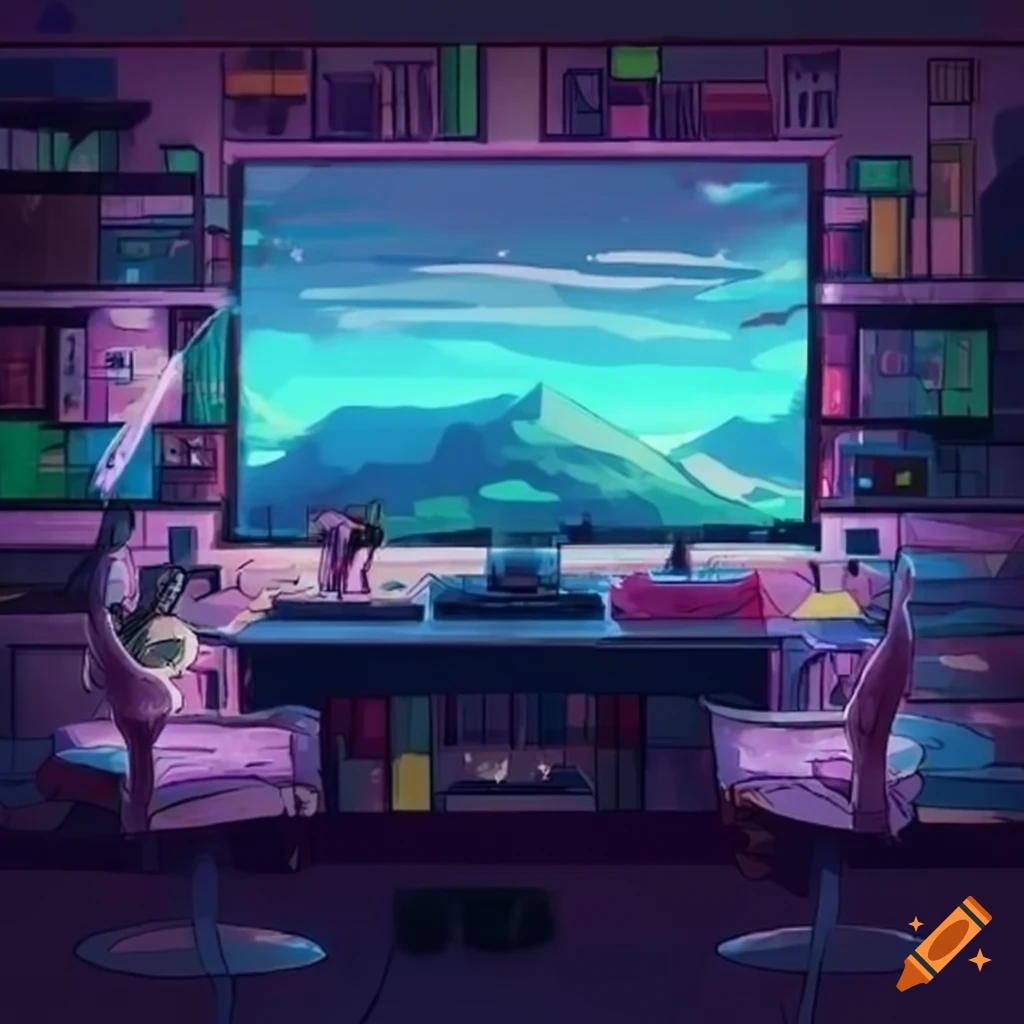 Gaming room depicted in 2d anime style landscape on Craiyon