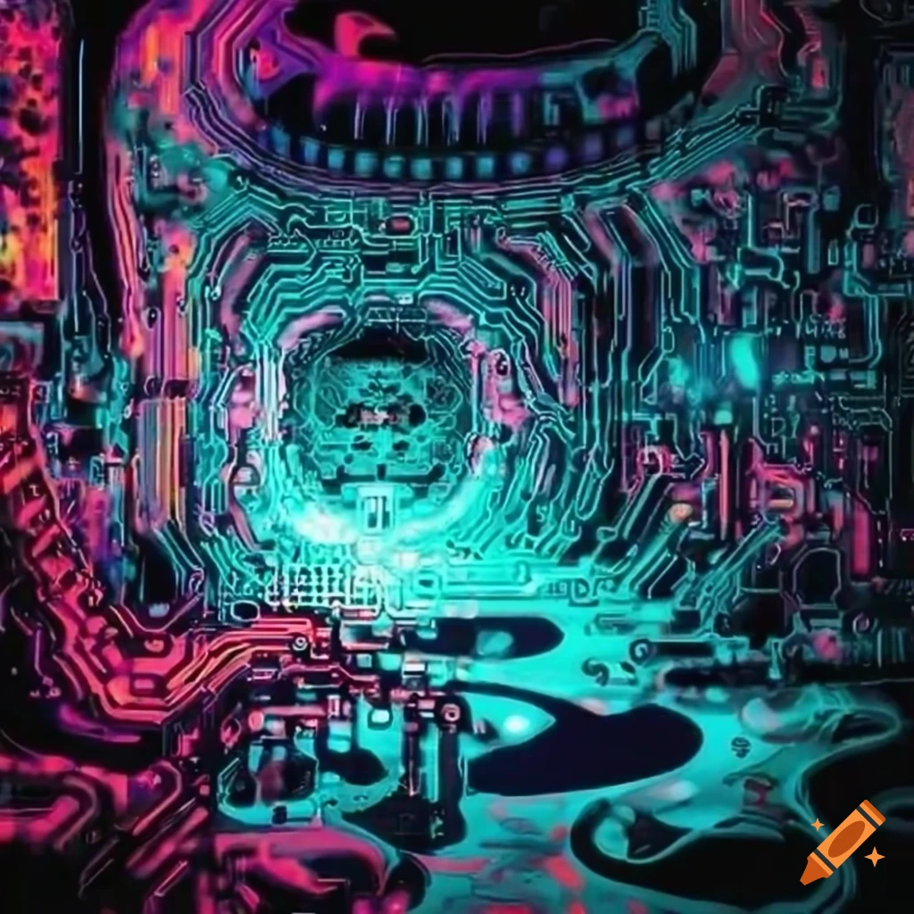 Psychedelic electronic circuit space garden in darkness on Craiyon