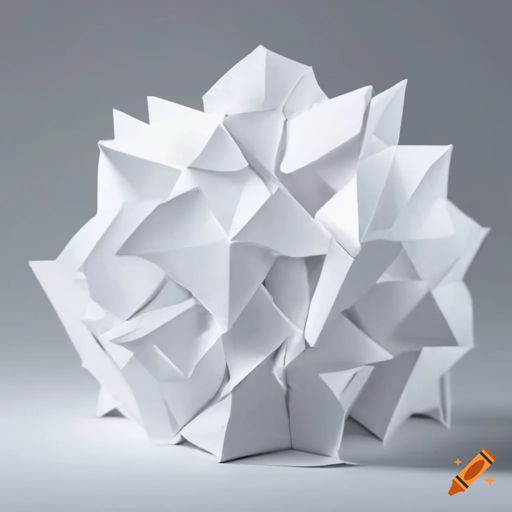 Complex white origami structure on white background on Craiyon
