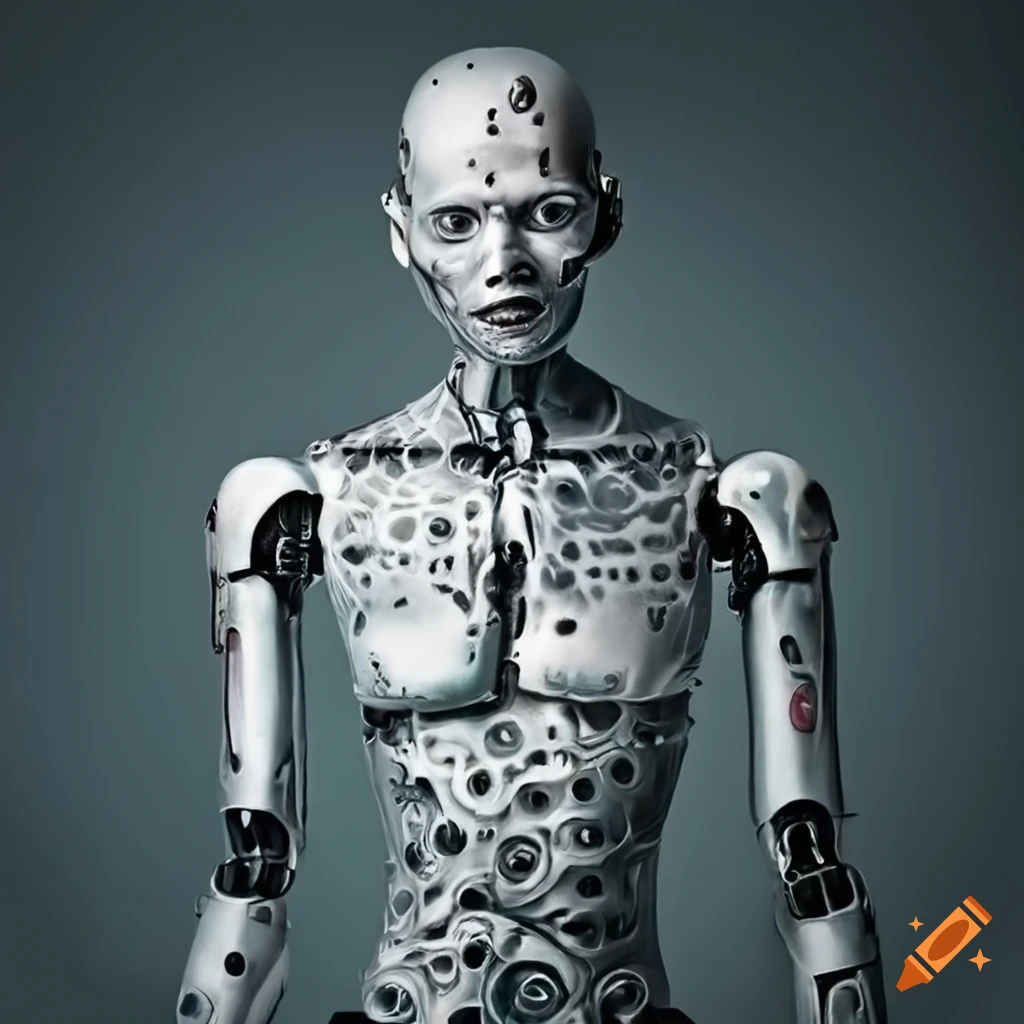 Hyper realistic humanoid robot with encoded secrets in painted tattoos on Craiyon