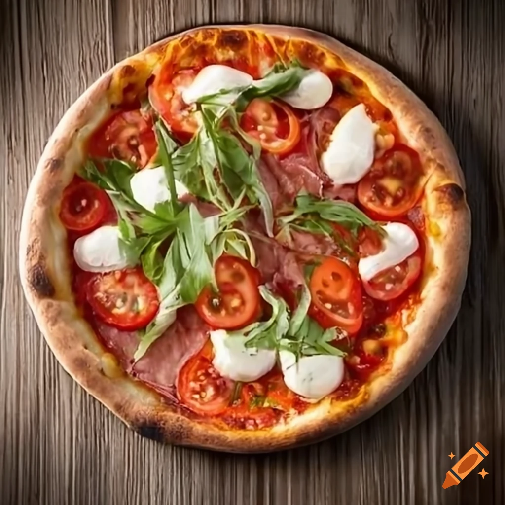 Pizza topped with tomatoes, mozzarella, rocket on Craiyon