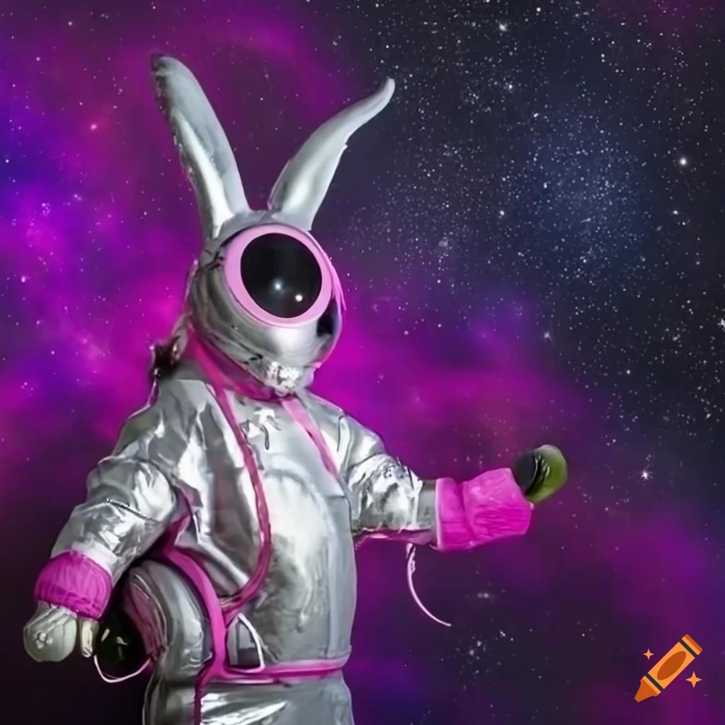 Alien bunny in pink spacesuit and headphones with space background on ...