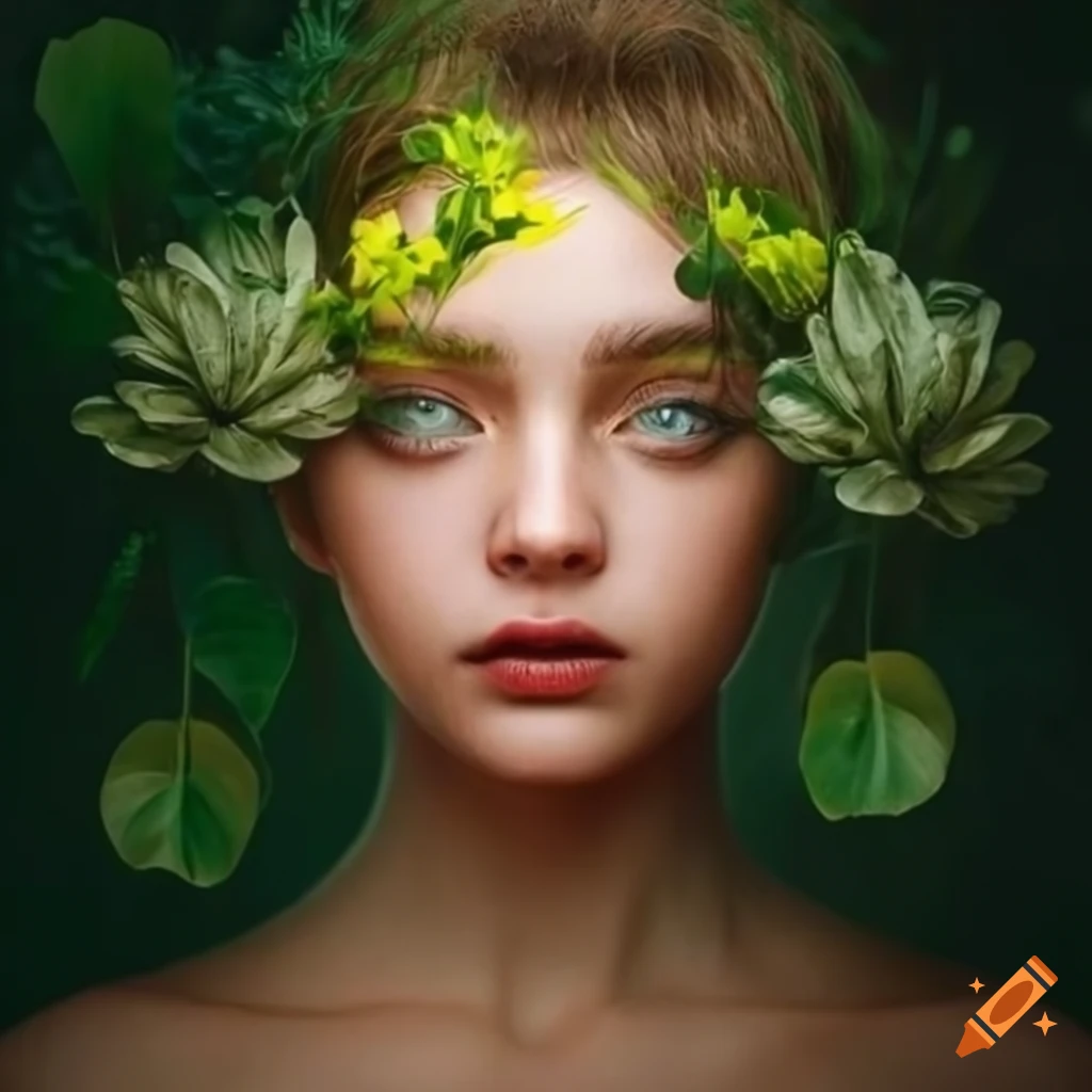 Girl face with plants and flowers growing on her head on Craiyon