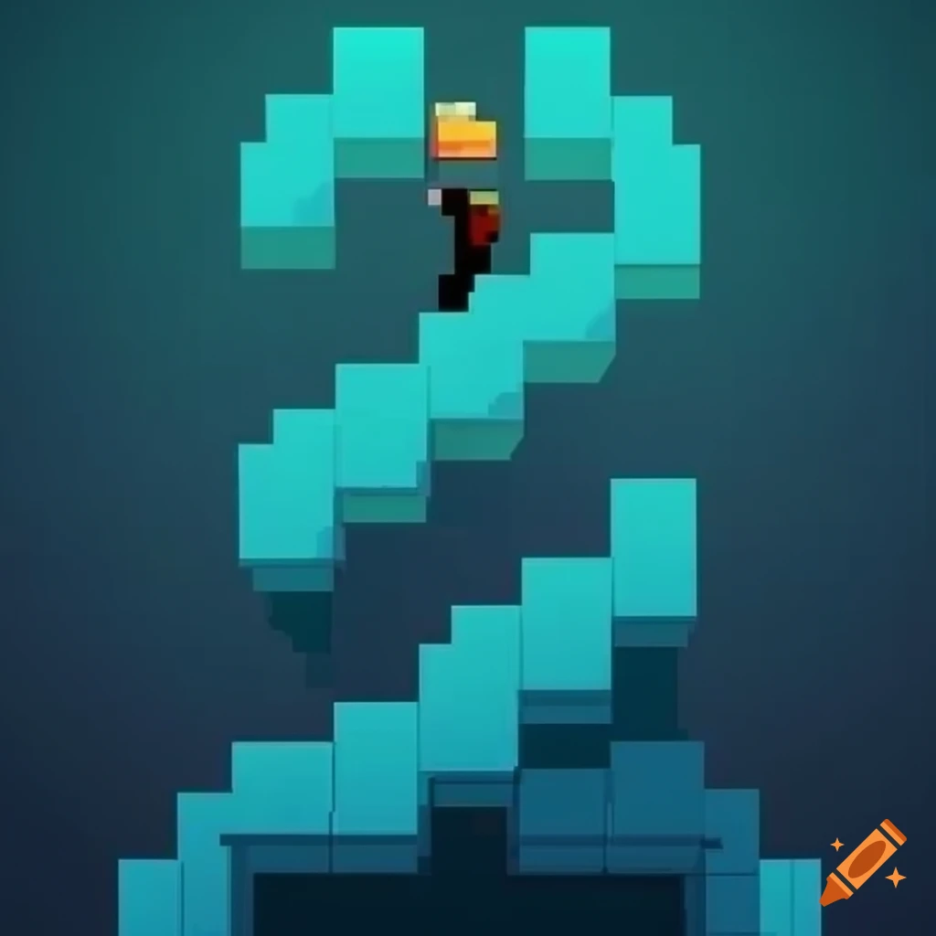 Retro 8-bit style video game character climbing endless staircase with ...