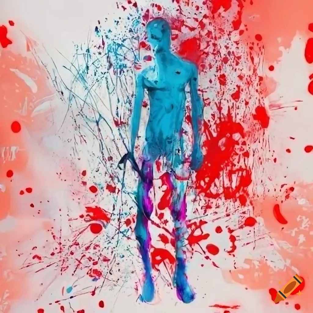 Abstract splatter painting with silver, white, pink, orange, acid blue ...