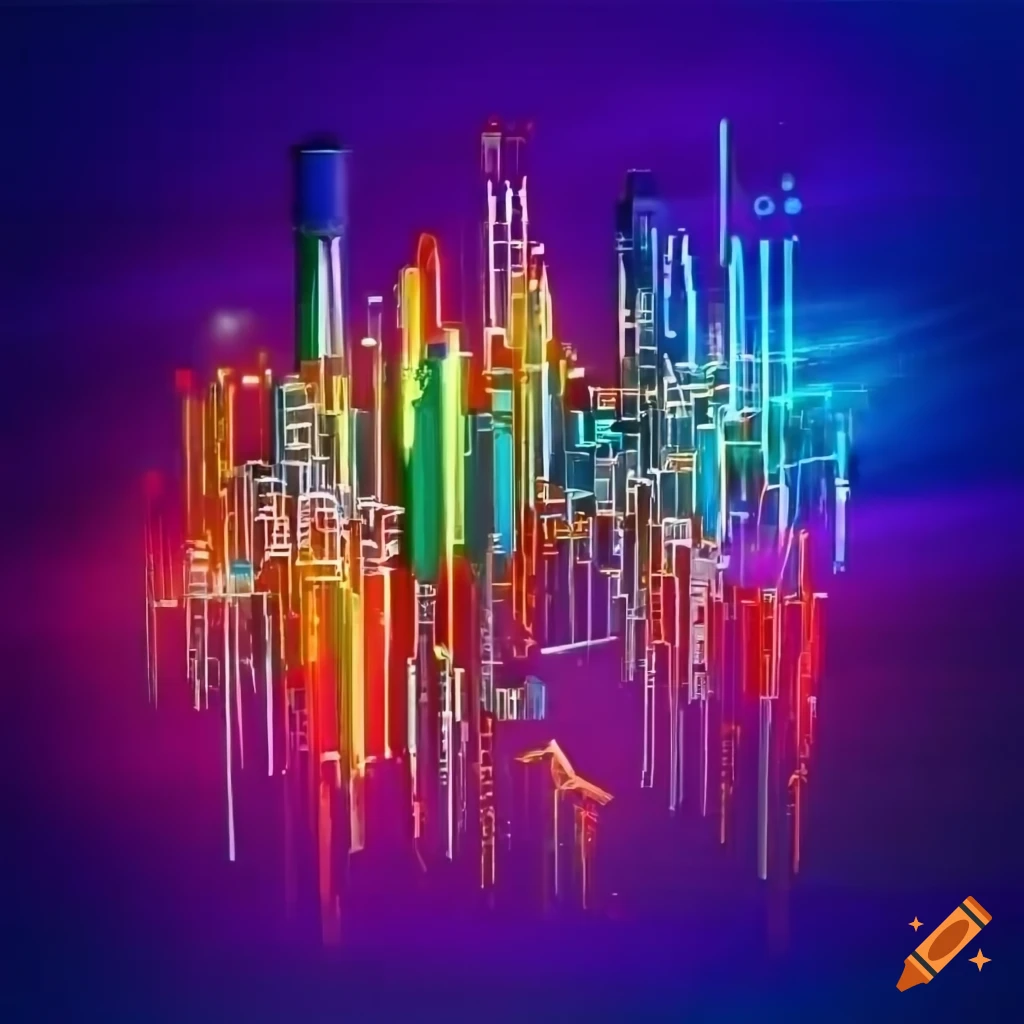 Abstract cityscape of electronic capacitors in bright colors on Craiyon