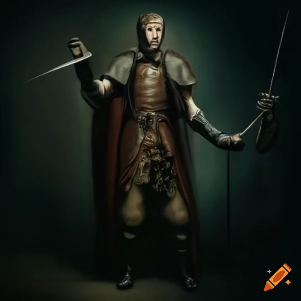 Hamlet with a fencing sword and a knocked over goblet on Craiyon