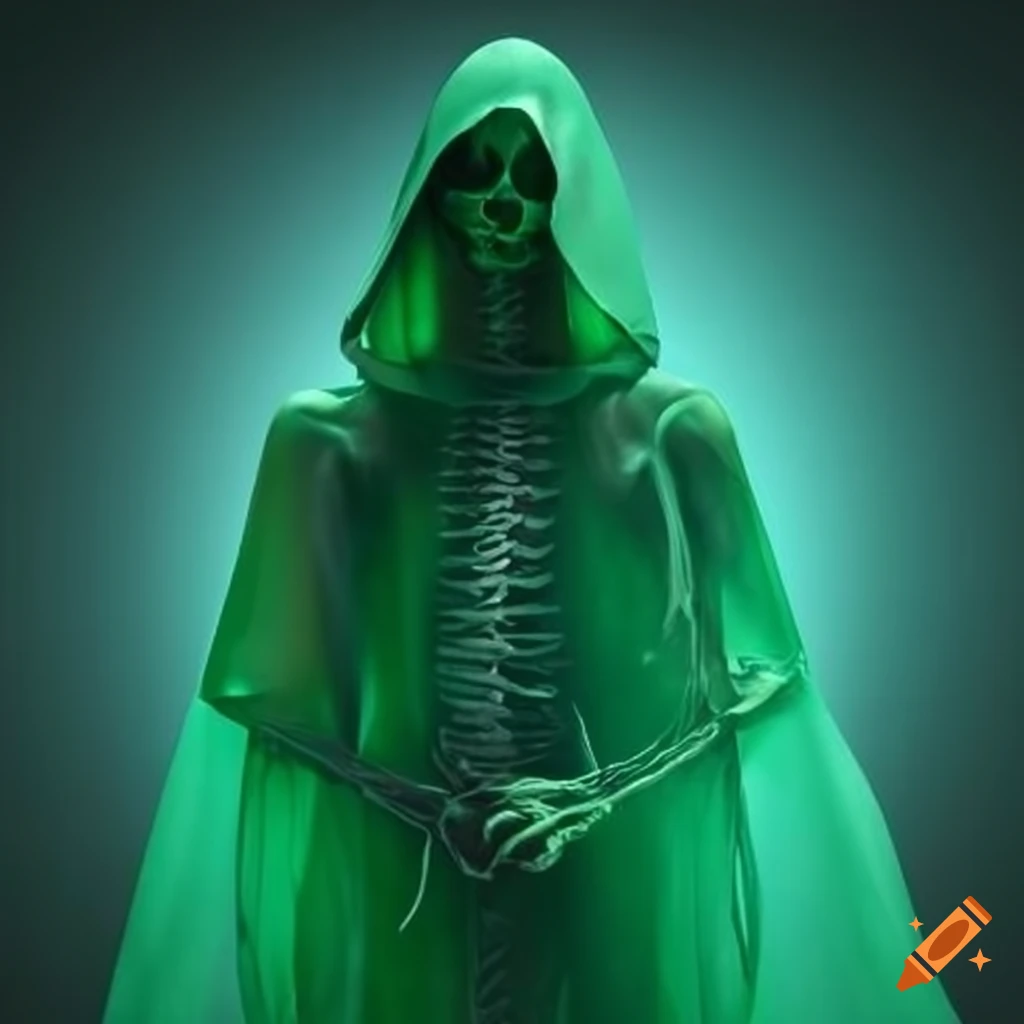 Translucent skeleton in an ethereal cloak with green tones on Craiyon