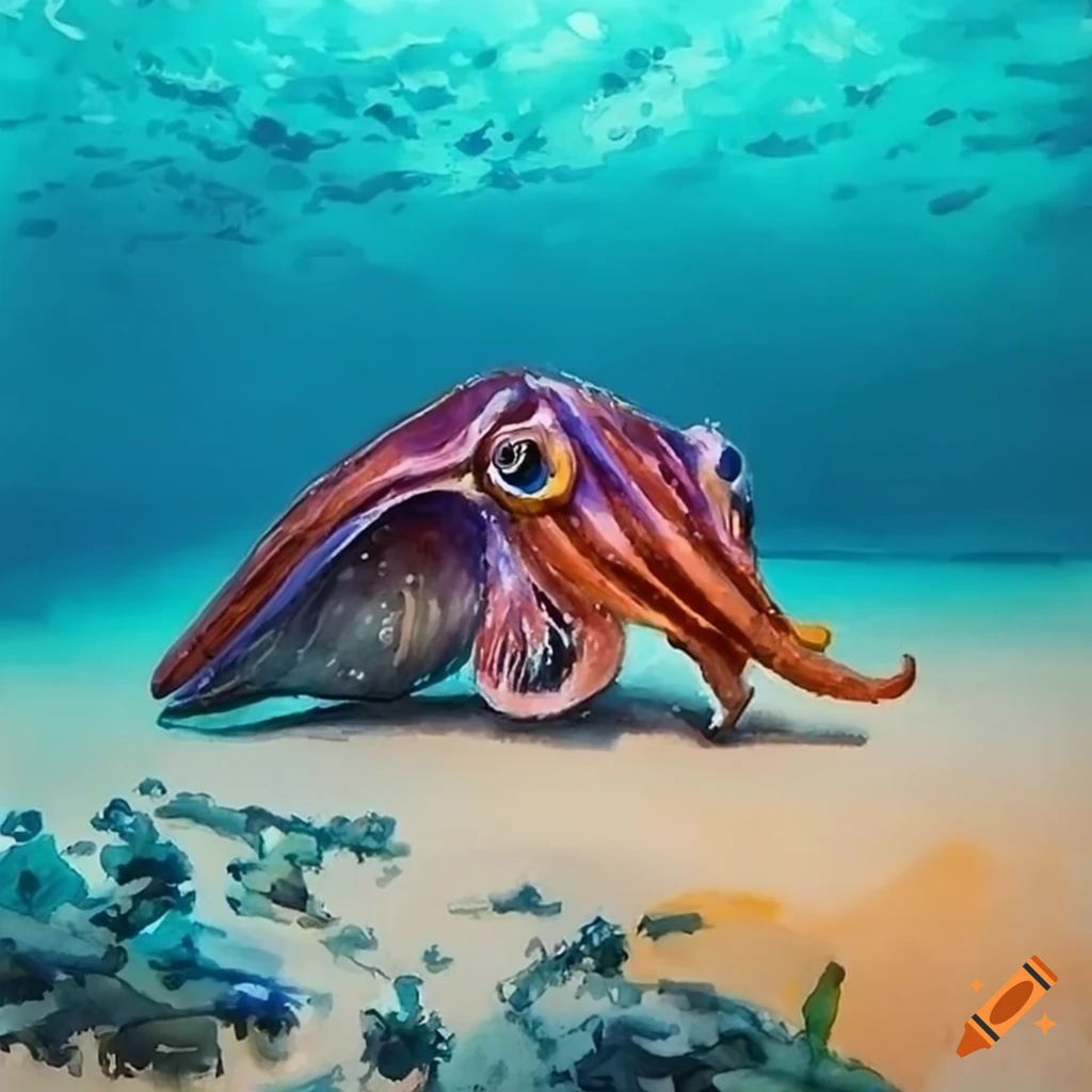 Colorful cuttlefish in an ocean seascape watercolor painting on Craiyon