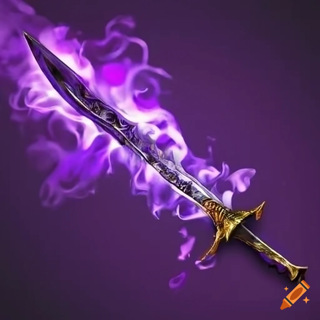 Sword surrounded by purple and black flames on Craiyon