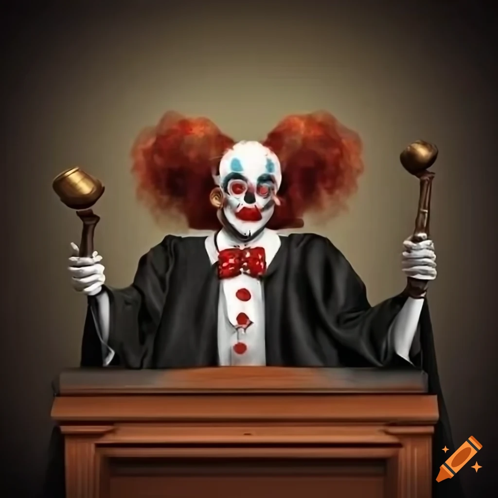 Nightmare clown judge in a surreal courtroom scene with a gavel on Craiyon