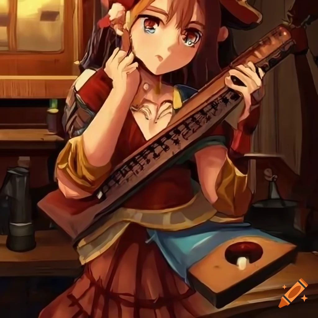 Anime bard playing the zither in a tavern on Craiyon