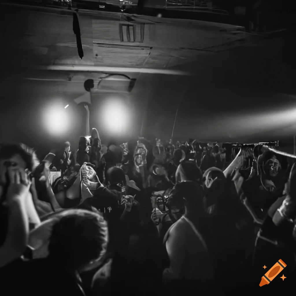 Underground rave with dj and crowd on Craiyon