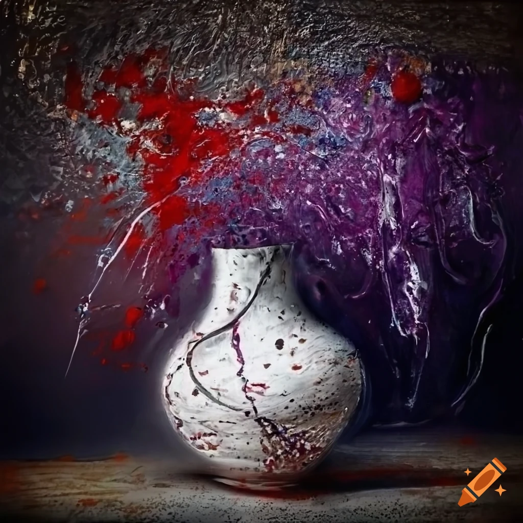 Abstract splatter painting with vessel and cotton in silver, white, red ...