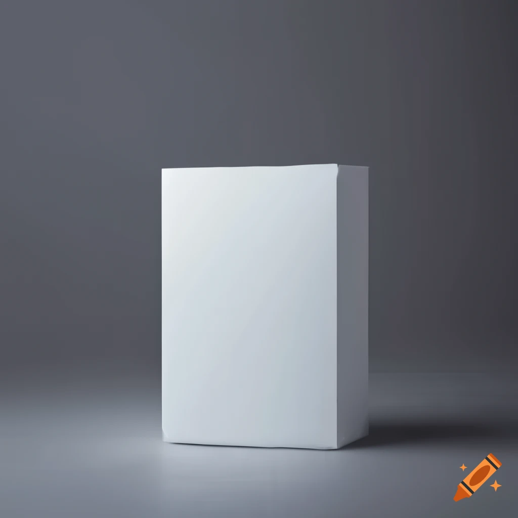 Minimalist white vertical packing box on a grey background on Craiyon