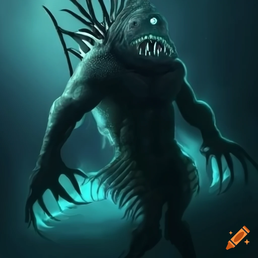 Muscular humanoid anglerfish deep sea monster in black with a glowing ...