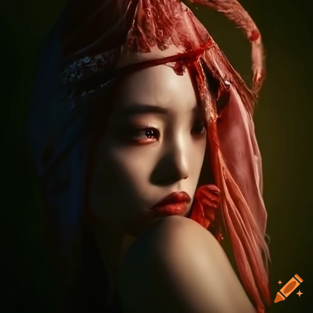 Amaterasu, the shinto sun goddess with tearful eyes and contemplative ...