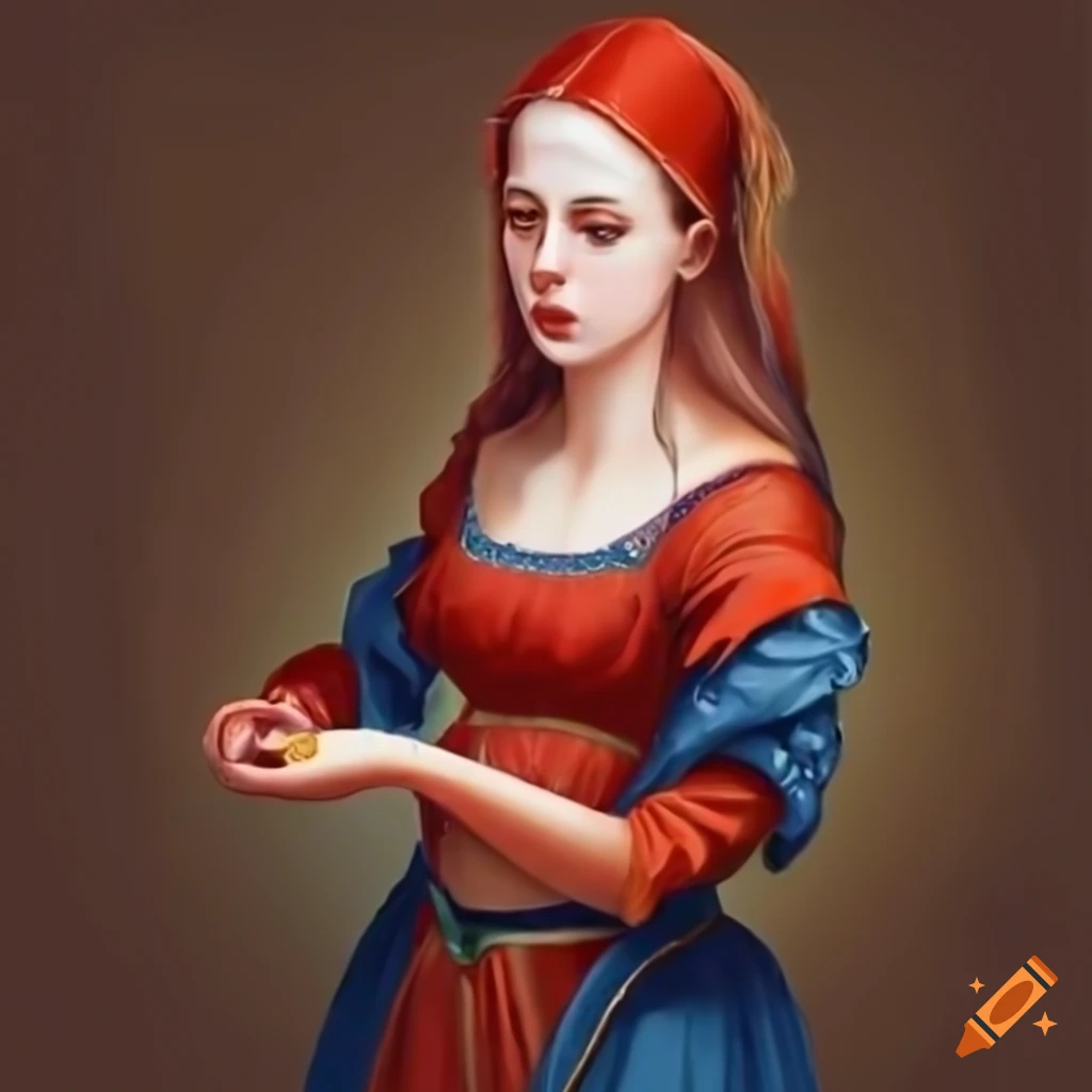 Pregnant woman in medieval attire holding a red scarf in a renaissance ...