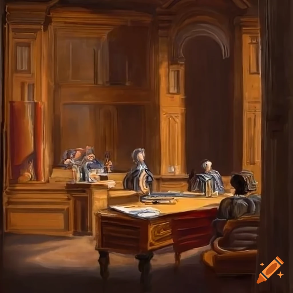 Intricately painted courtroom scene from gallery perspective on Craiyon
