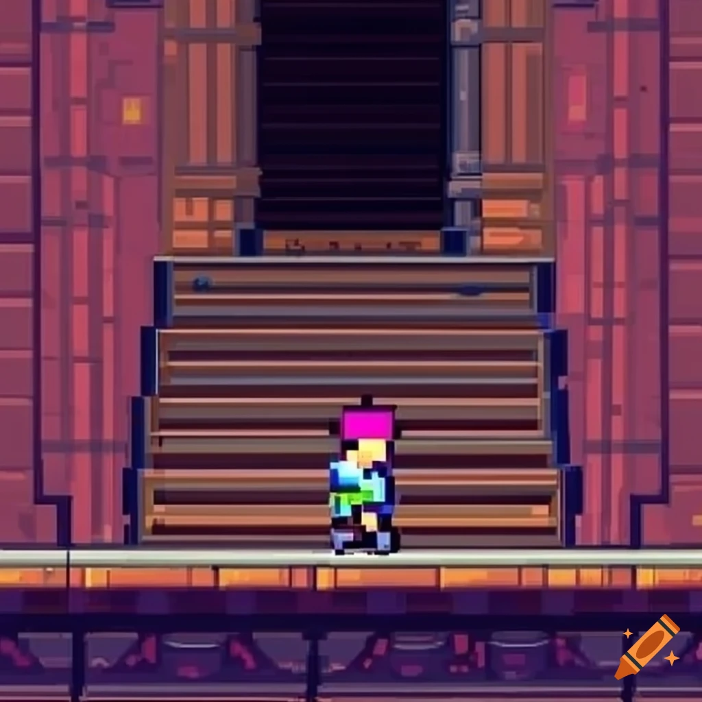 Retro 8-bit style video game character climbing endless staircase with ...