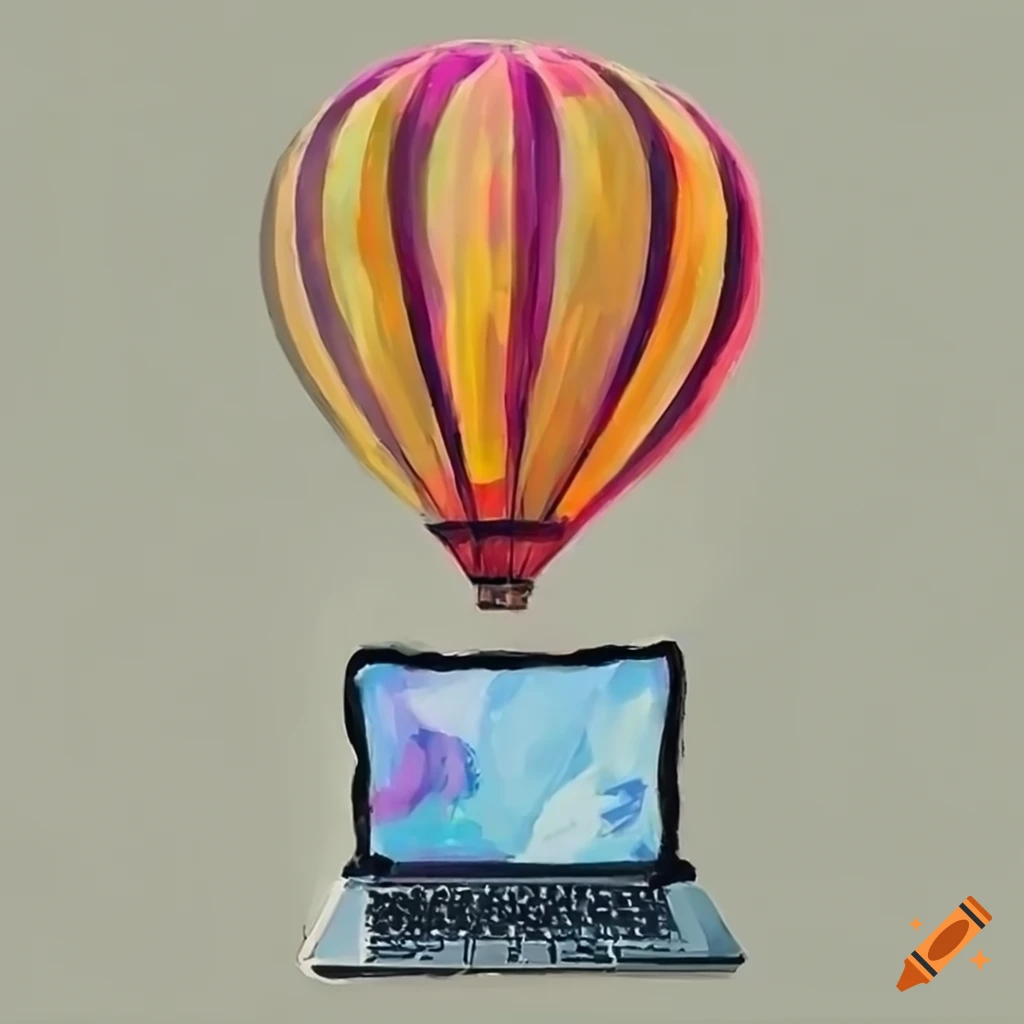 Hot air balloon flying with a laptop in a painting on Craiyon