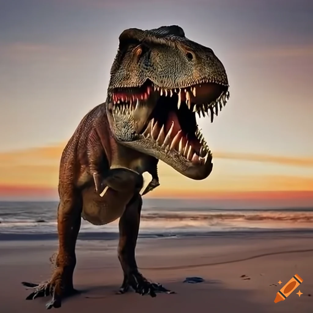 Giant T-rex drinking carrot tea on a beach in Florida on Craiyon