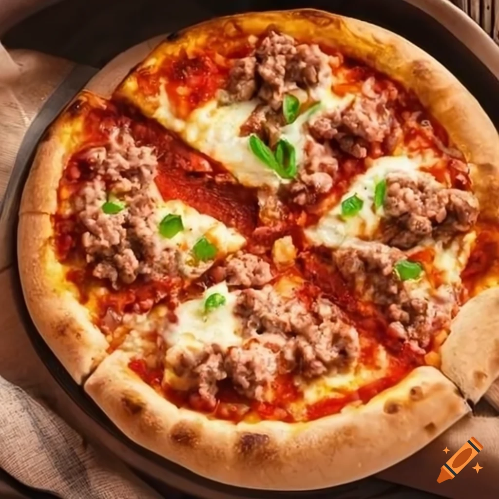 Pizza topped with minced meat sauce on Craiyon