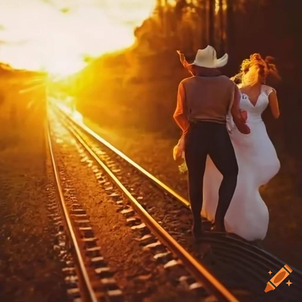 Cowboy running with bride on railroad track towards the sun on Craiyon