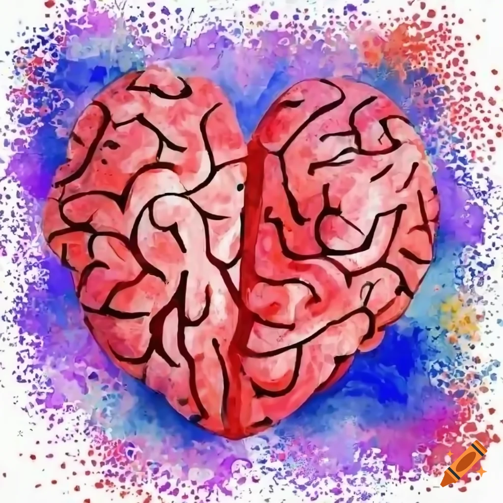 Cartoon image of a united brain and heart on white background on Craiyon