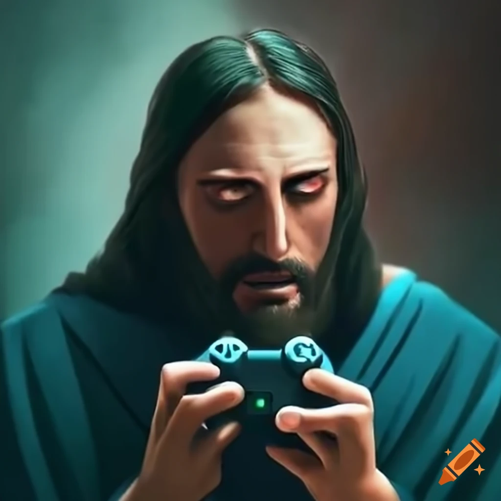 Unexpected humorous image of jesus christ with a gaming controller on Craiyon