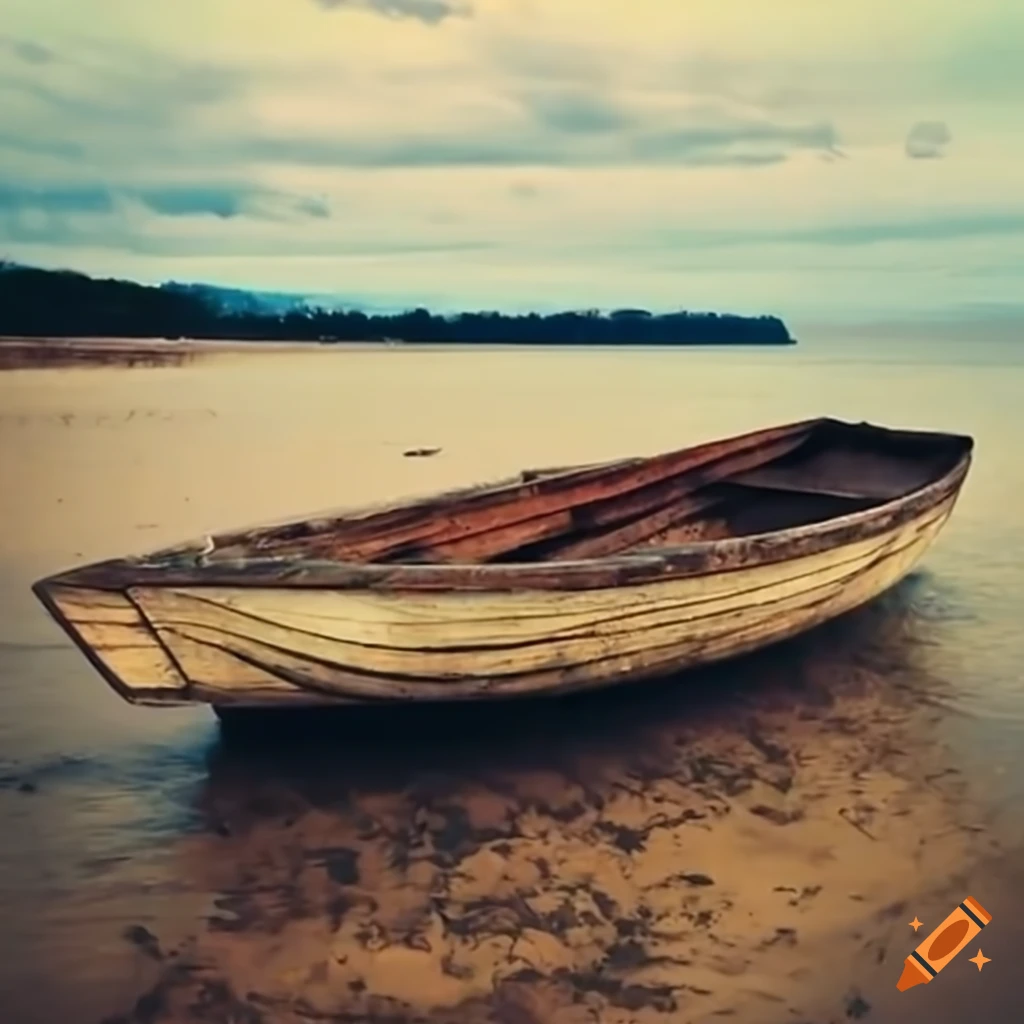 Old wooden rowboat on a beach on Craiyon